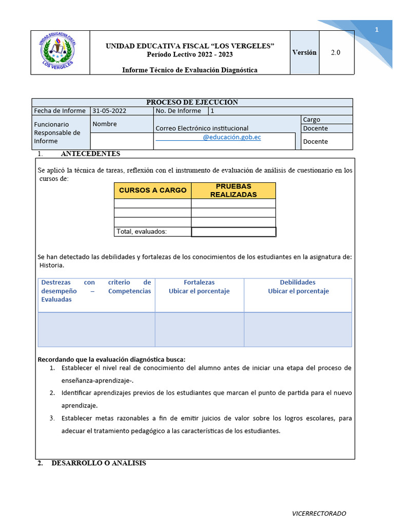 Formato Informe-Evaluación Diagnostica 2023 | PDF | Evaluación | Maestros