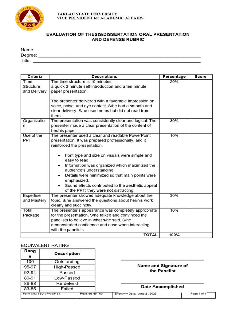 Tsu Vpa SF 61 Thesis Dissertation Oral Presentation and Defense Rubric ...