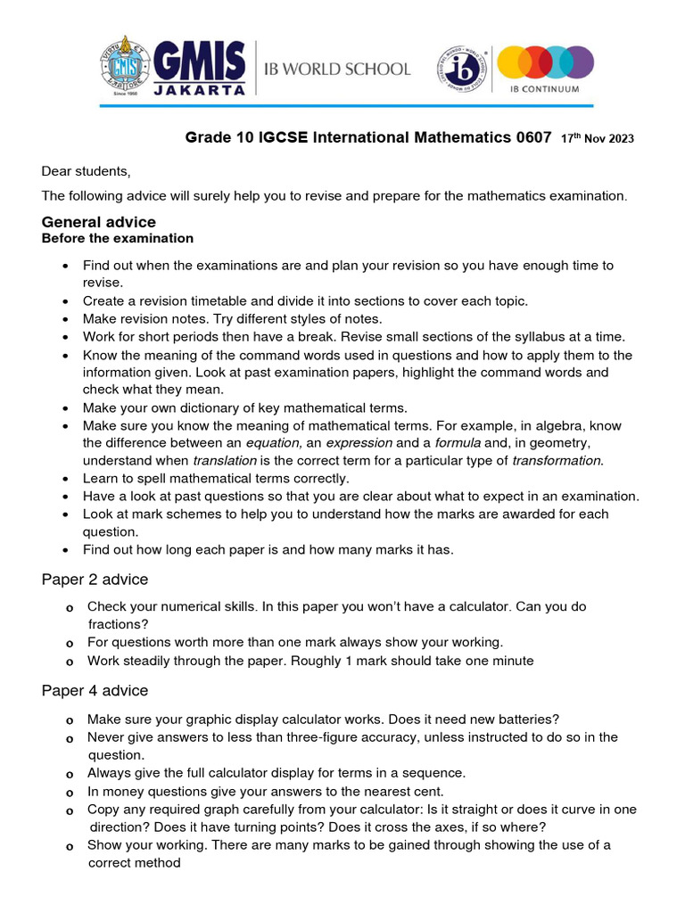 Grade 10 Mathematics 0607 Advice Nov 2023 | PDF