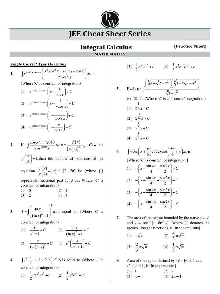 Integral Calculus - Practice Sheet | PDF | Calculus | Algebra