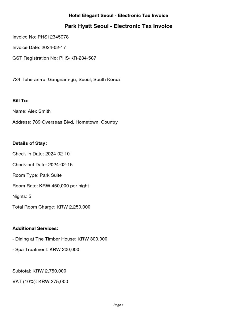 Electronic Tax Invoice Park Hyatt Seoul | PDF