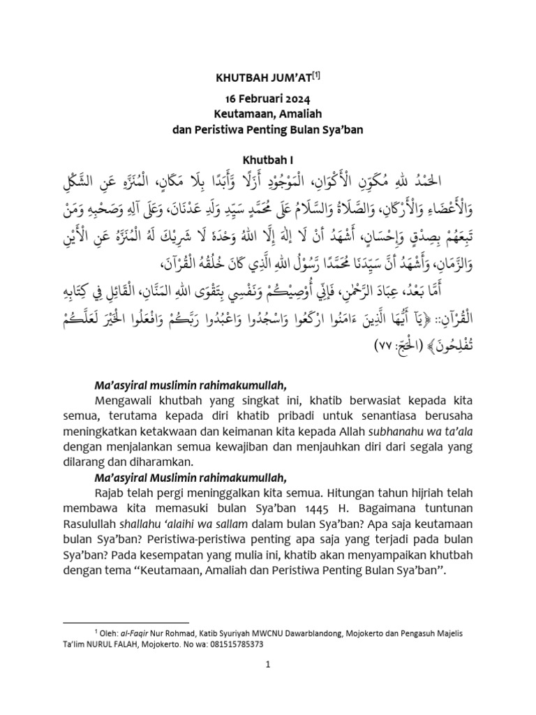 Khutbah Keutamaan, Amaliah Dan Peristiwa Penting Bulan Sya'ban | PDF