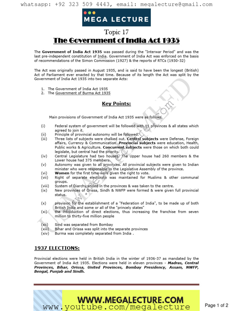 HIST TOPIC 17 The Government of India Act 1935 | PDF