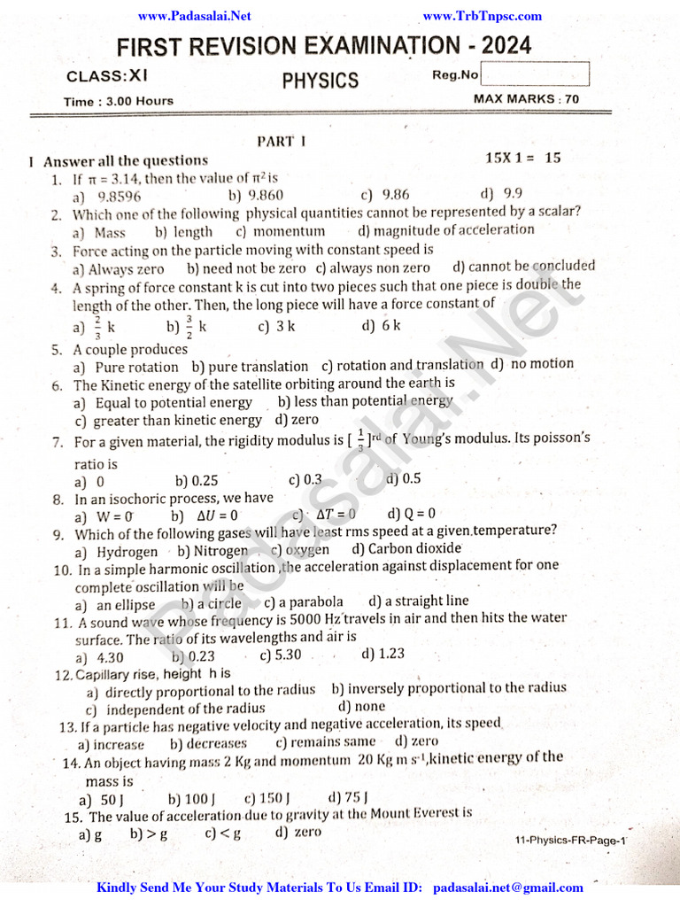 11th Physics EM 1st Revision Exam 2024 Question Paper Namakkal District Englsih Medium PDF ...