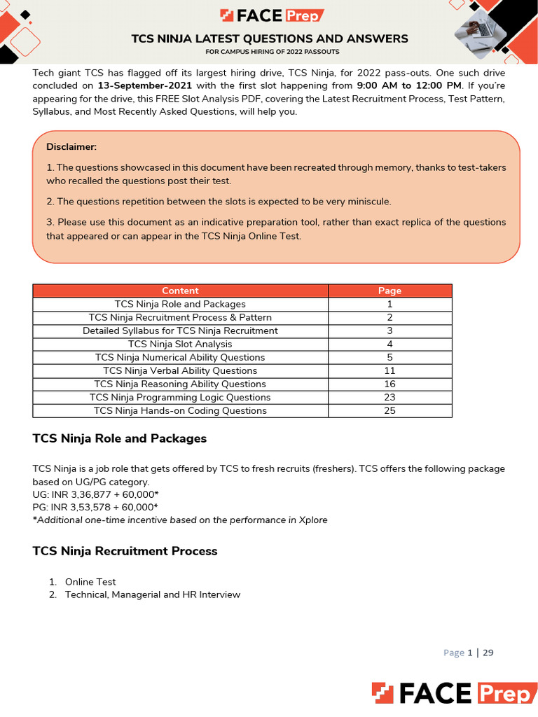 Face Prep TCS-Ninja Slot Analysis 13th Sep 2021 Slot 1 | PDF | Computer Programming | Vitamin D