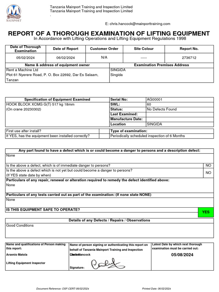 Hook Block Inspction Certificate | PDF | Systems Engineering