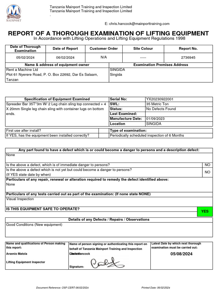 Spreader Bar - Chain Sling Certificate | PDF