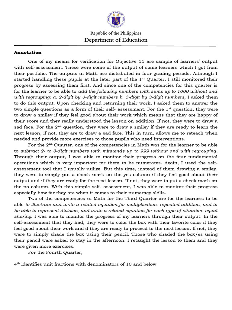 Obj 11 Annotation Of Learners Output Pdf Mathematics Behavior Modification 