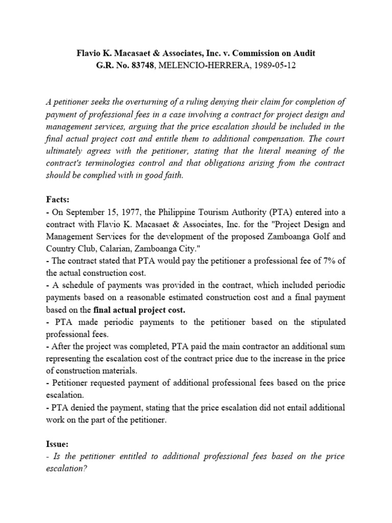 Macasaet vs COA: Fee Escalation Ruling | PDF | Fee | Prices