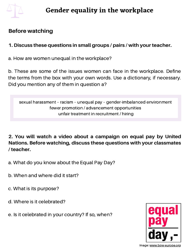 Gender Equality in The Workplace - Ss Worksheet | PDF | Equal Pay For ...