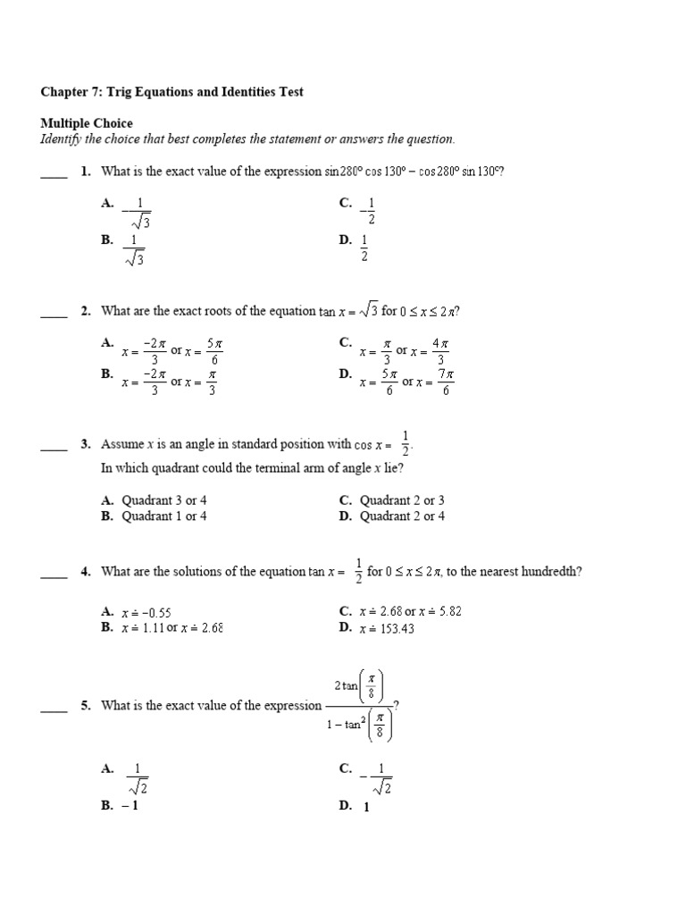 Chapter 7 Practice Test | PDF | Trigonometry | Equations