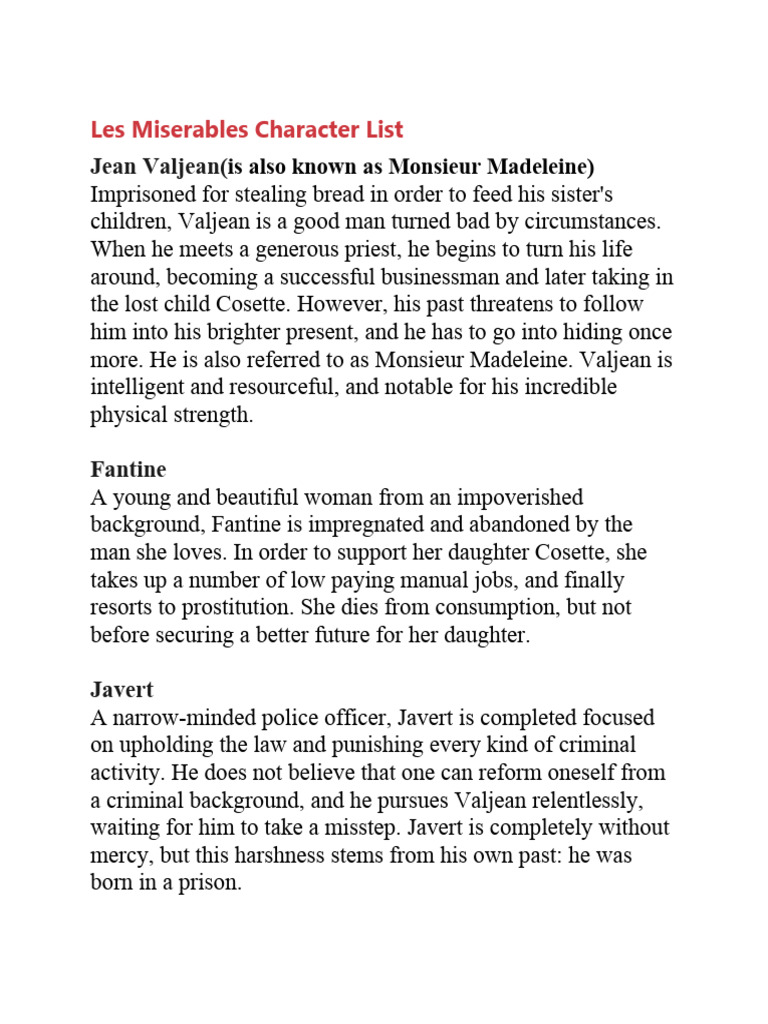 Les Miserables Character List | PDF | Les Misérables | Cosette
