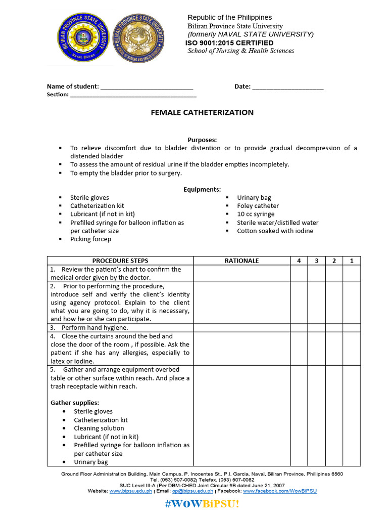 Urinary Catheterization Checklist | PDF | Catheter | Clinical Medicine