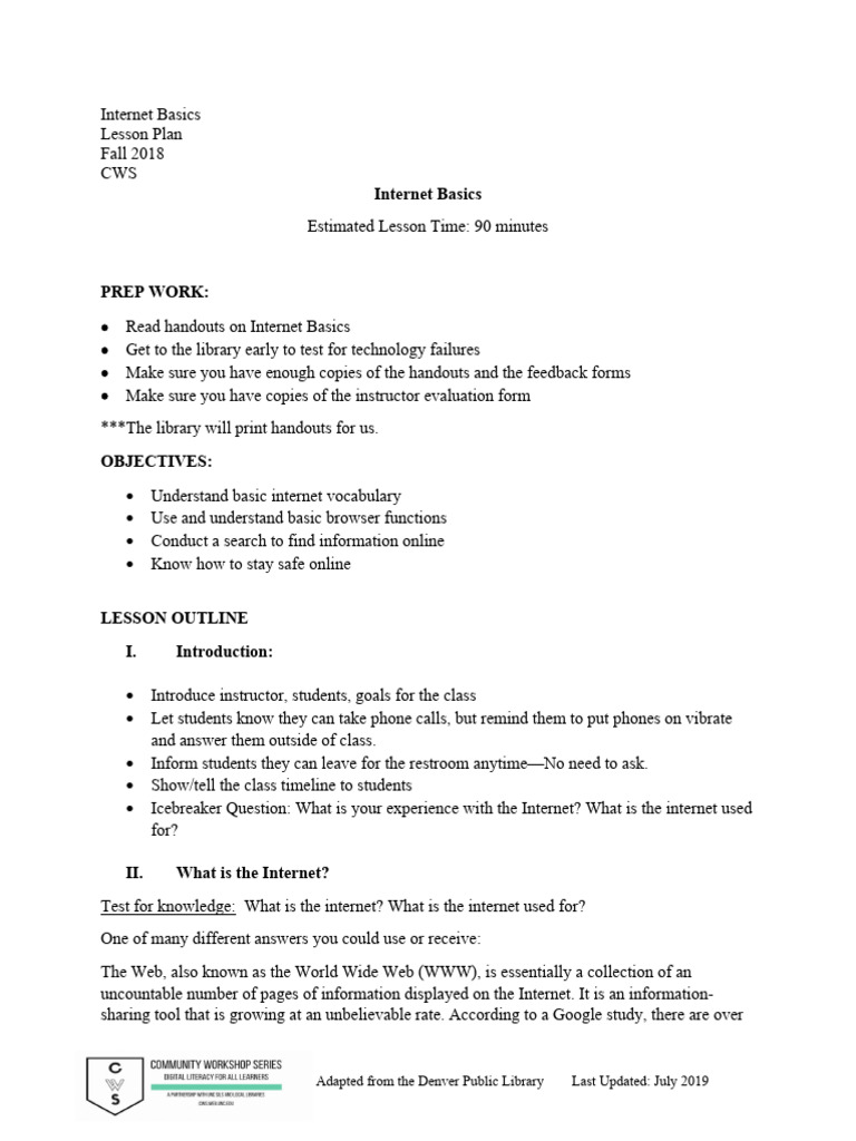 Internet Basics Lesson Plan Two Pdf World Wide Web Internet Web