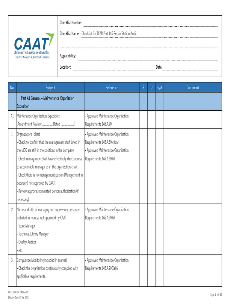 AIR-CL-CER-RSC-540 R.00 - Checklist For TCAR Part 145 Repair Station ...