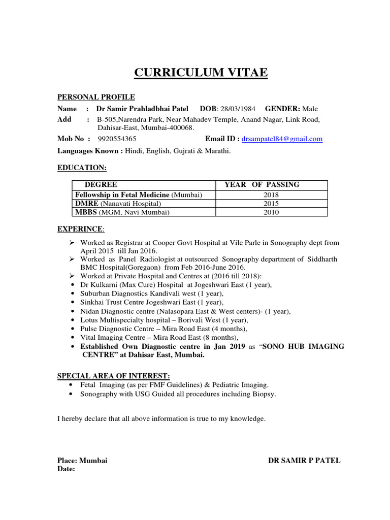 Dr. Samir Patel's Medical CV | PDF