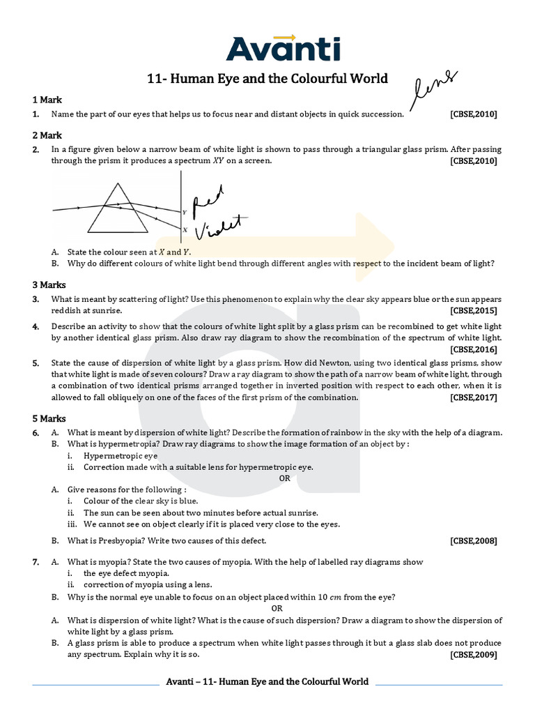 Human Eye and The Colourful World Previous Years Questions | PDF ...