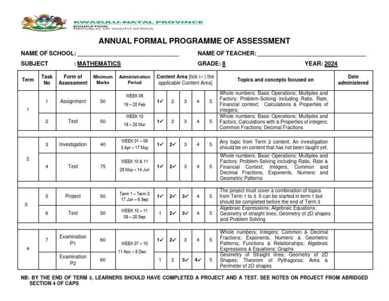 Grade 8 POA 2024 | PDF | Geometry | Numbers