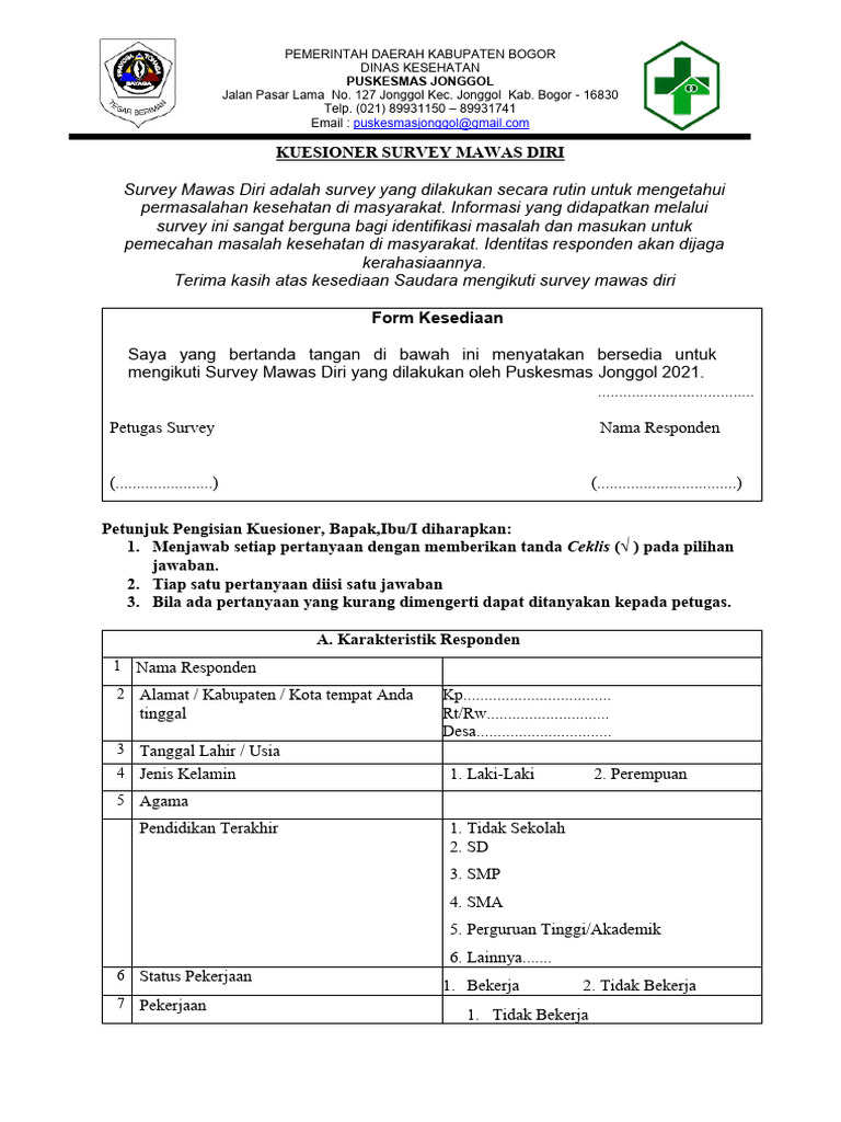 KUESIONER SURVEY MAWAS DIRI 2021 PKM JGL | PDF