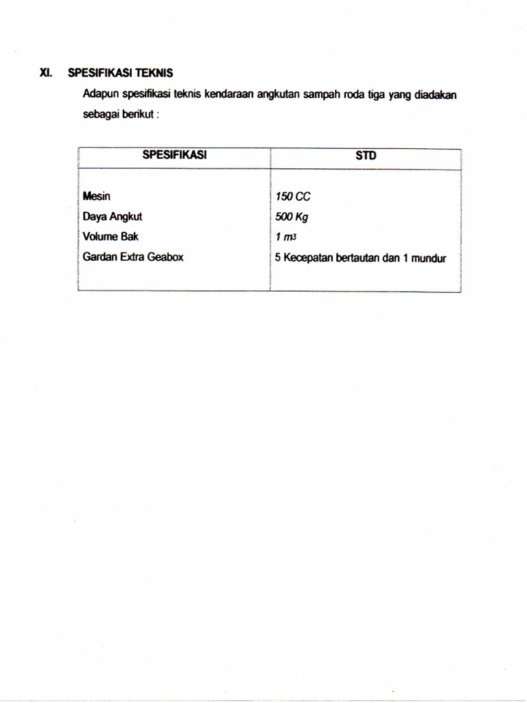 Spek Teknis Motor Sampah Roda Tiga | PDF