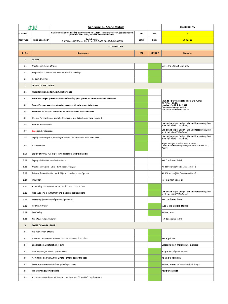 Annex A-Scope Matrix - SBT - 14.08.2023 Shop Built Tank PDF | Download Free PDF | Mechanical ...