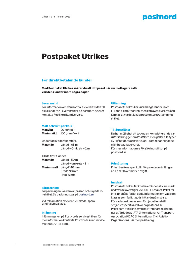 Faktablad-PostNord Postpaket Utrikes 2023 | PDF
