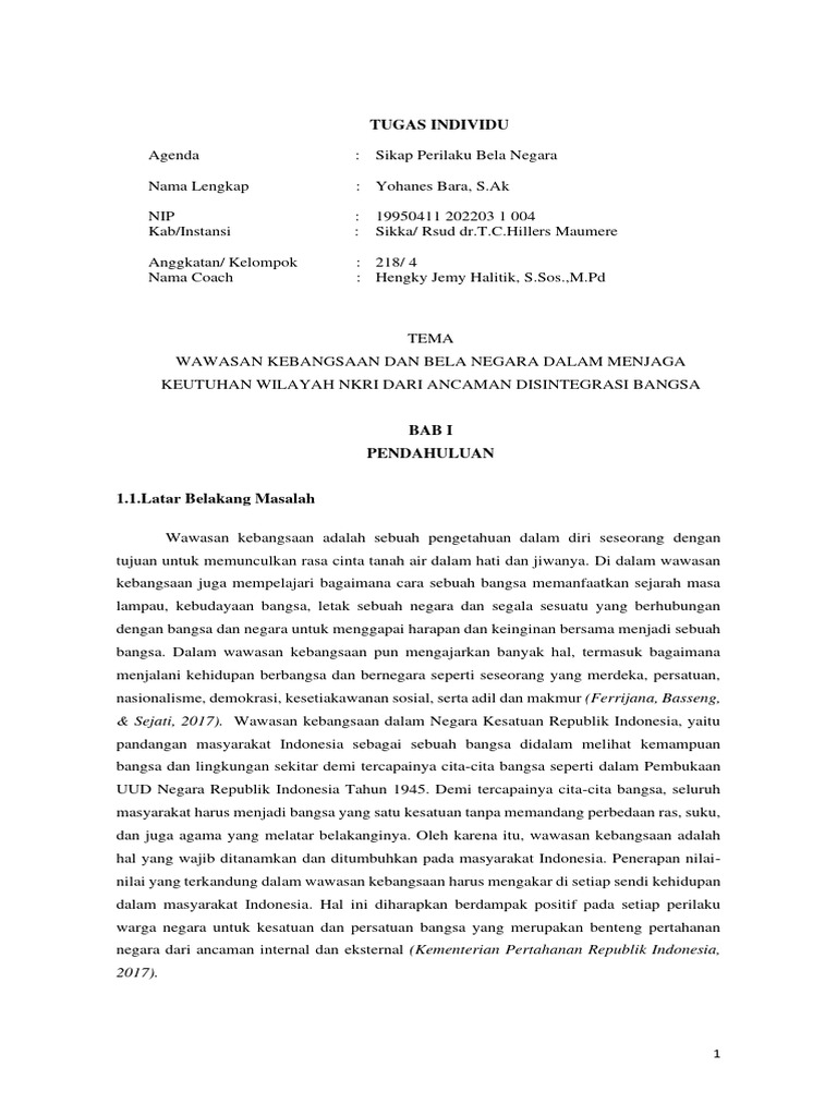 Tugas Individu Wawasan Kebangsaan Dan Bela Negara (Sikap Dan Perilaku Bela Negara) Yohanes Bara ...
