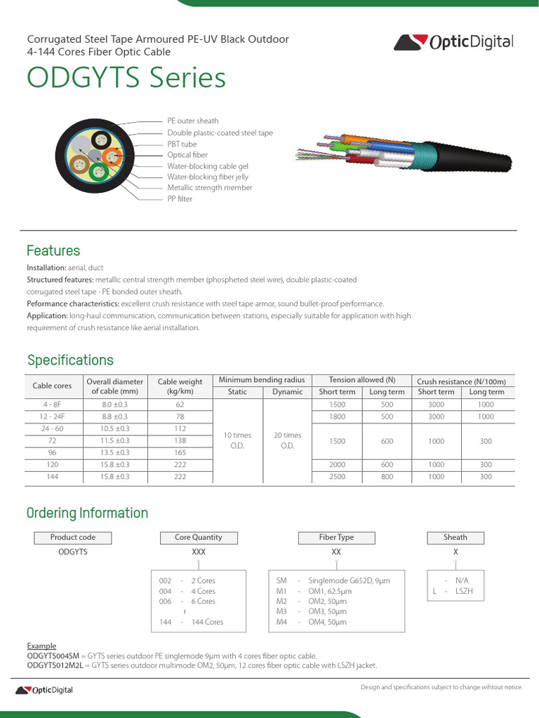 ODGYTS Outdoor Fiber Optic Cable Specs | PDF | Optical Fiber | Building ...