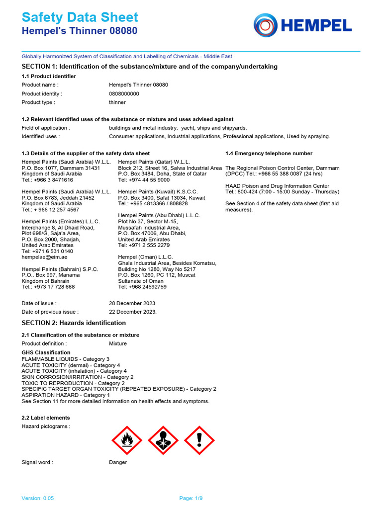 Safety Data Sheet: Hempel's Thinner 08080 | PDF | Toxicity | Personal Protective Equipment