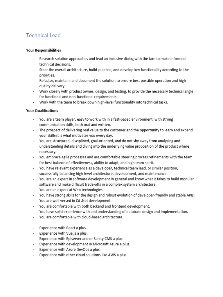 Technical Lead Job Description and Skills | PDF