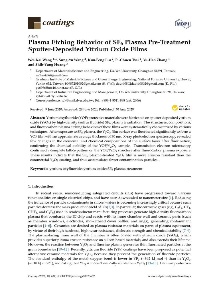 Plasma Etching Behavior of SF6 Plasma Pre-Treatment Sputter-Deposited ...