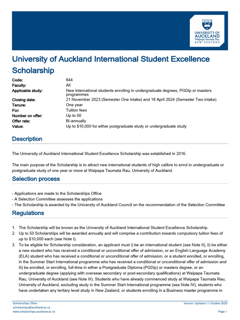 University of Auckland International Student Excellence Scholarship | PDF | Postgraduate ...
