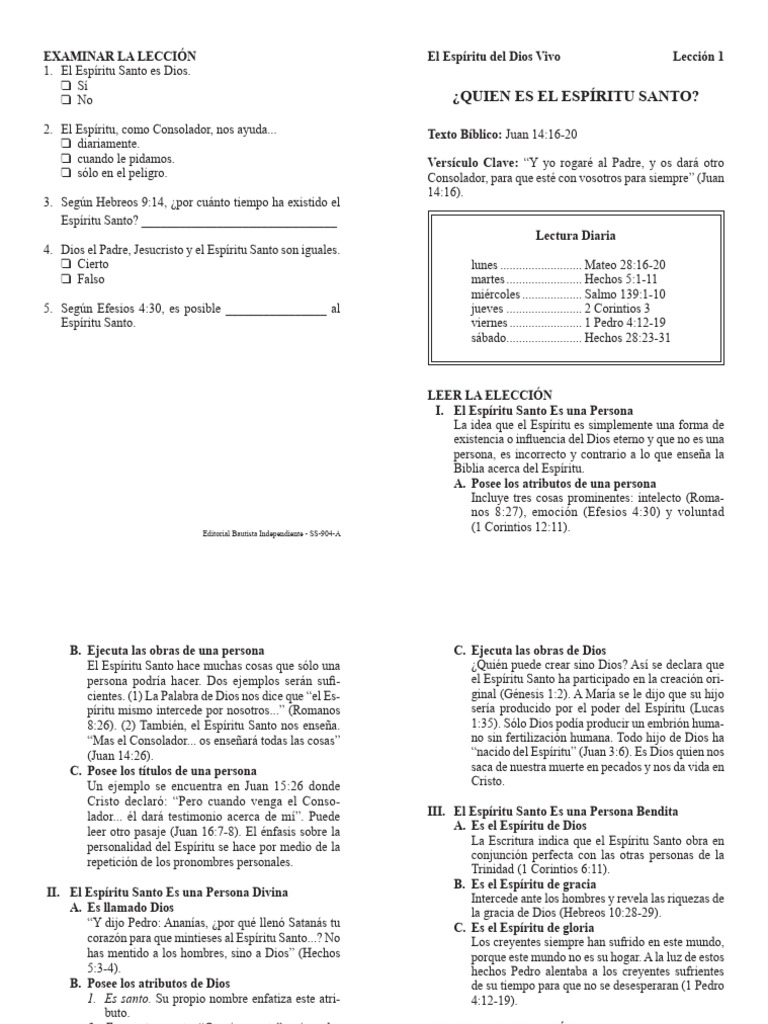 ¿Quien Es El Espíritu Santo?: El Espíritu Del Dios Vivo Lección 1 Examinar La Lección ...