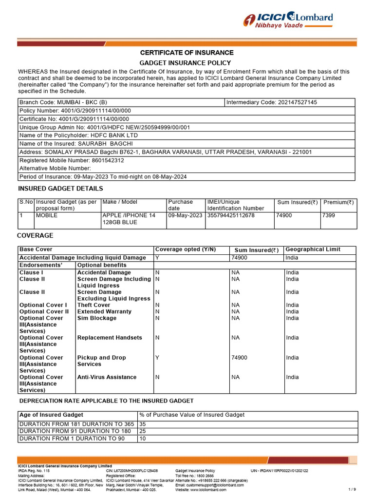 Schedule and Wordings | PDF | Insurance | Indemnity