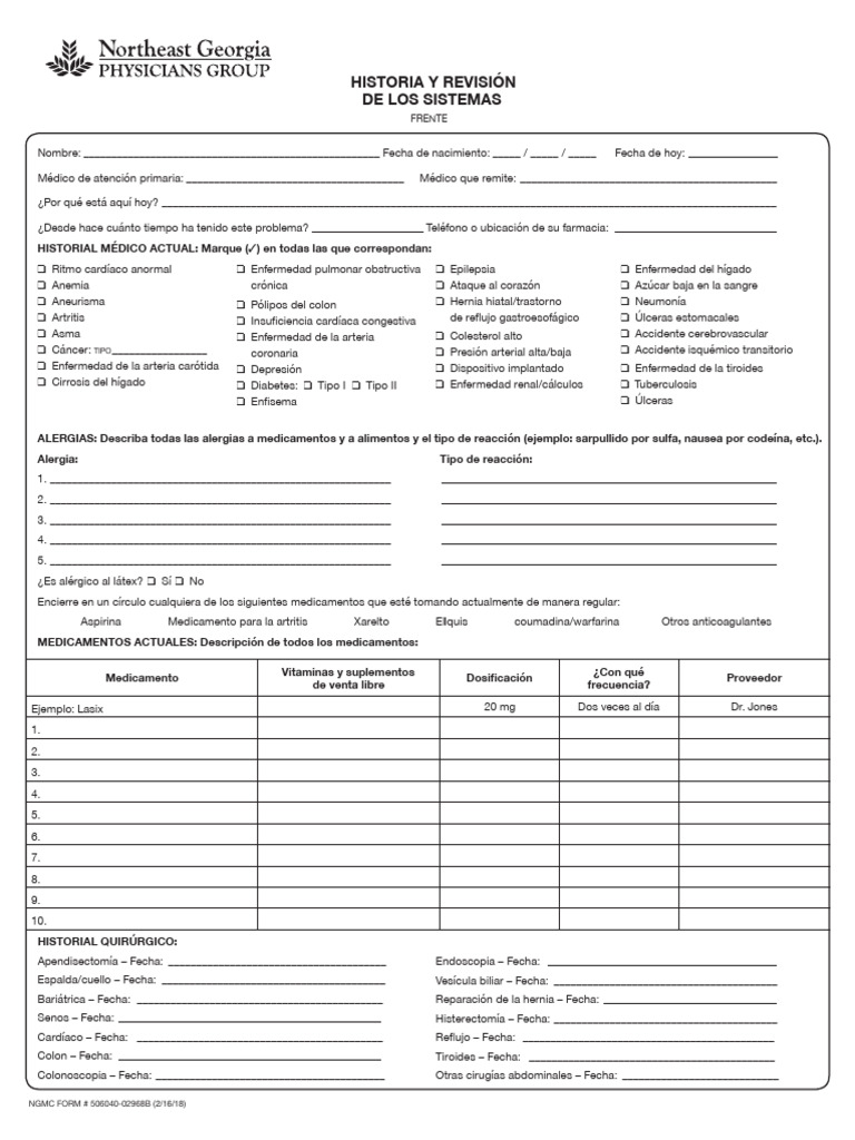 Patient Medical History Form Espanol | Descargar gratis PDF | Alergia ...