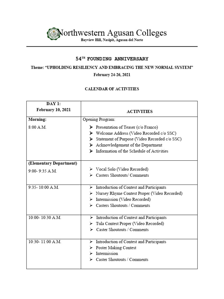 Northwestern Agusan Colleges 54th Anniversary Activities | PDF ...