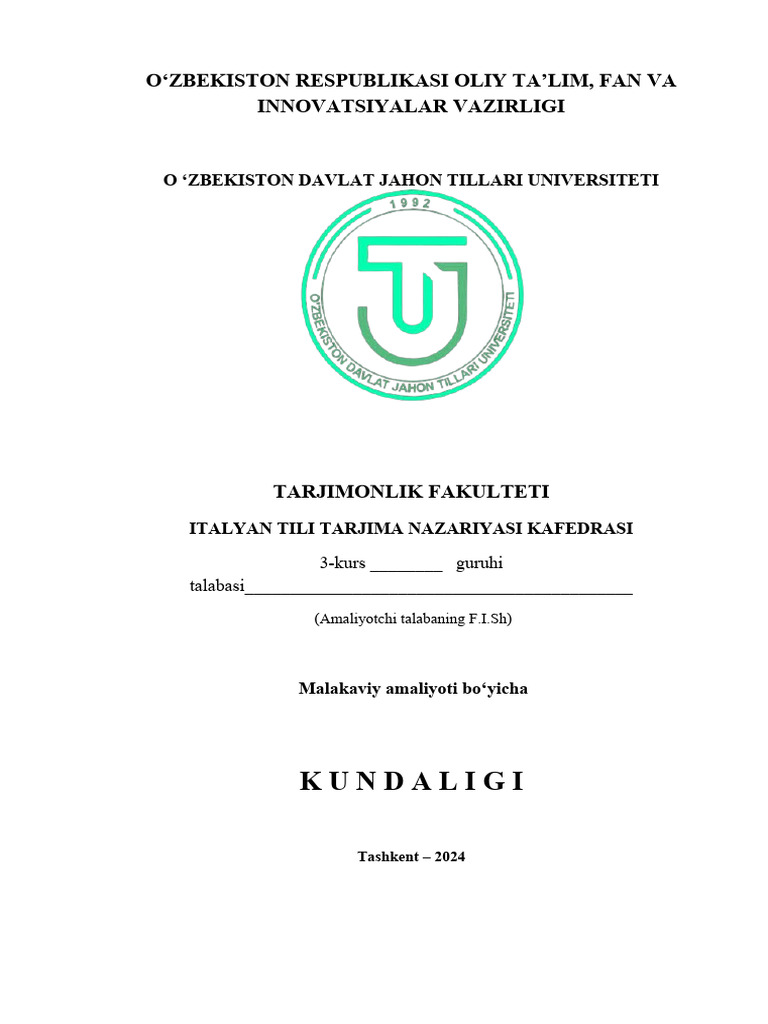 TITA Amaliyot Kundalik (Kunlik) 3-Kurs | PDF