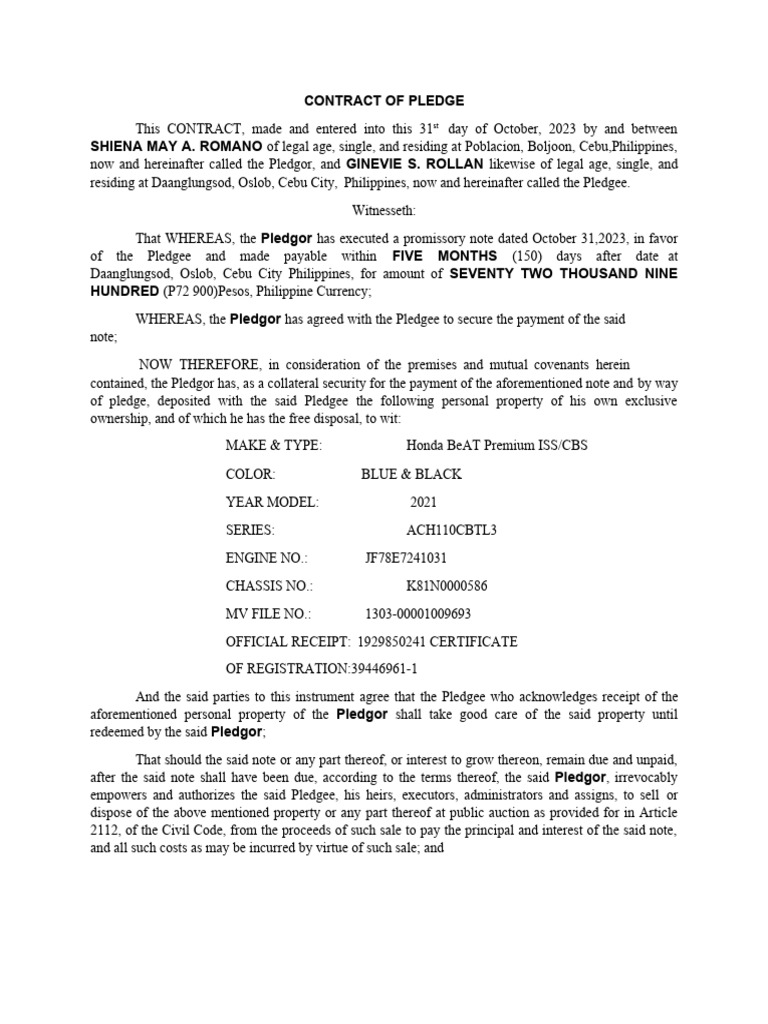 Contract of Pledge | PDF | Common Law | Property Law