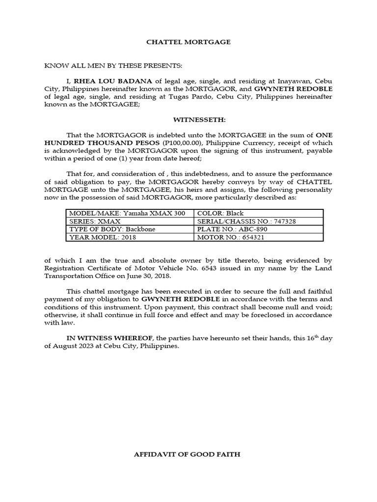 Chattel Mortgage Sample | PDF