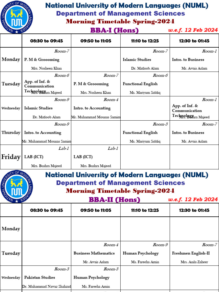 NUML BBA Morning Timetable 2024 | PDF | Economies | Business