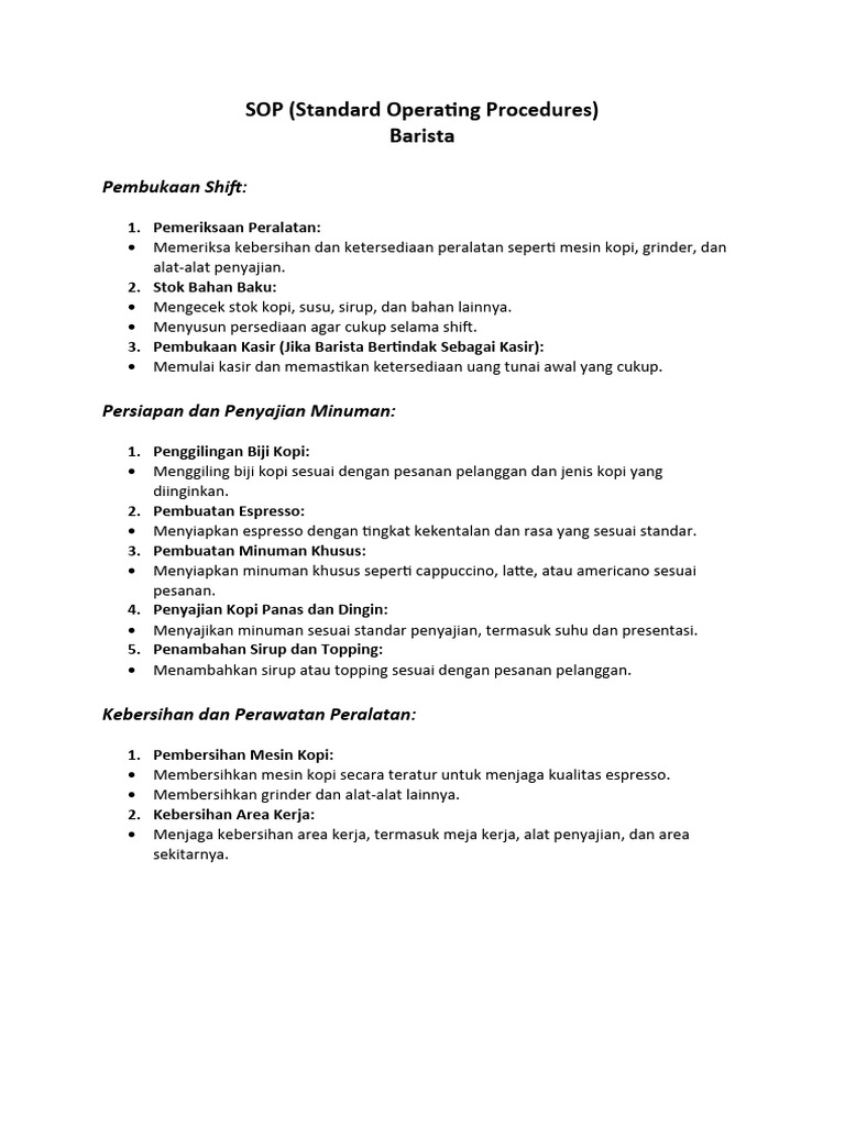 Sop Barista Pembukaan Dan Penutupan Pdf