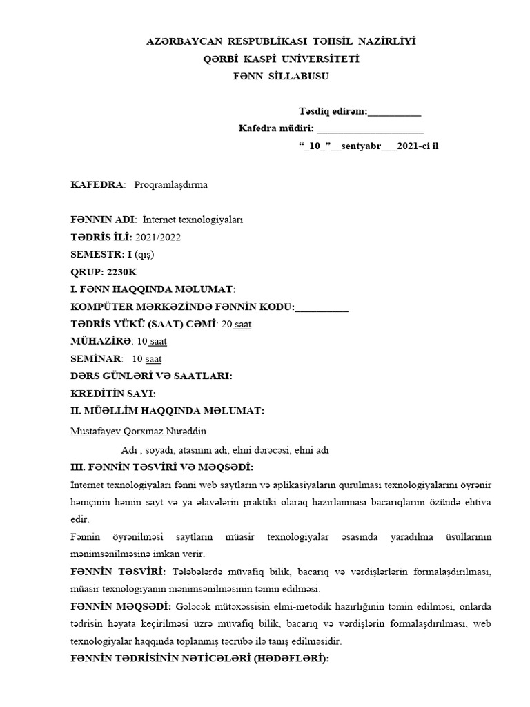Sillabus. İnternet Texnologiyaları | PDF