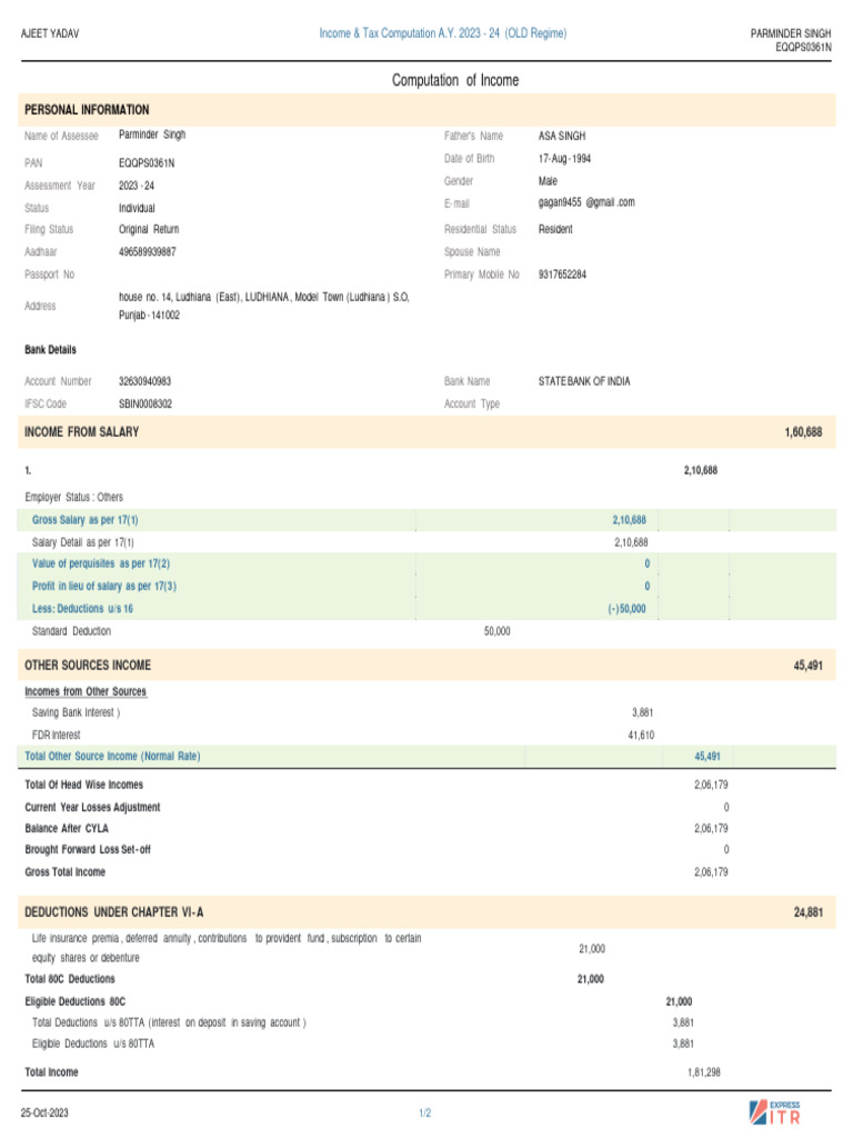 EQQPS0361N AY2023 24 ITR Computation | PDF | Tax Deduction | Income