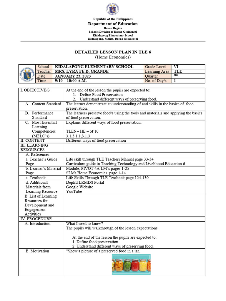 DLP TLE 6_CO1 | PDF | Food Preservation | Pickling