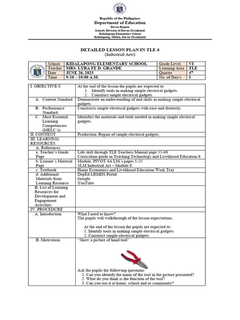 DLP Tle 6 | Download Free PDF | Insulator (Electricity) | Learning