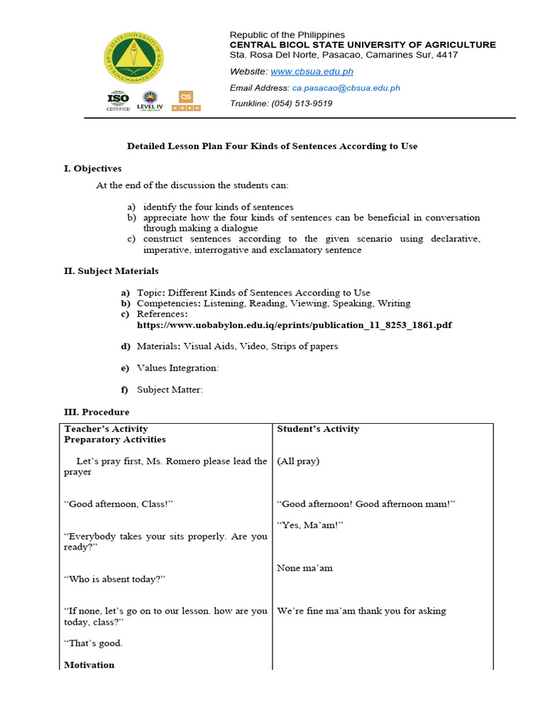 Detailed Lesson Plan in 4 Kinds of Sente | PDF | Sentence (Linguistics ...