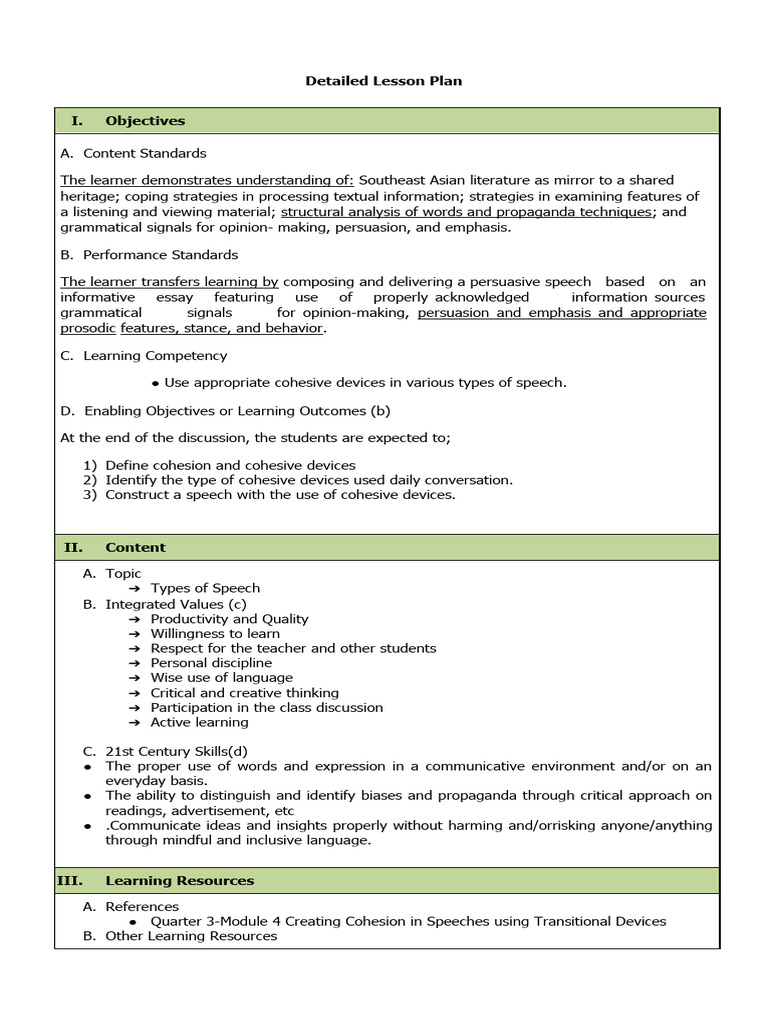 Detailed Lesson Plan in Cohesive Devices | PDF | Learning | Persuasion