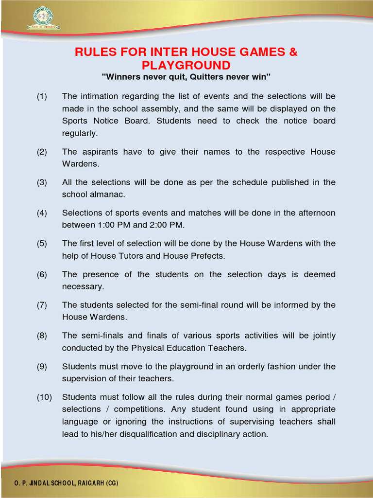 Rules For Inter House Games Playground | PDF