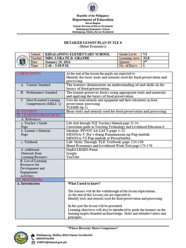 DLP Tle 6 - Co1 - 2ND Quarter | PDF | Kitchen Utensil | Learning