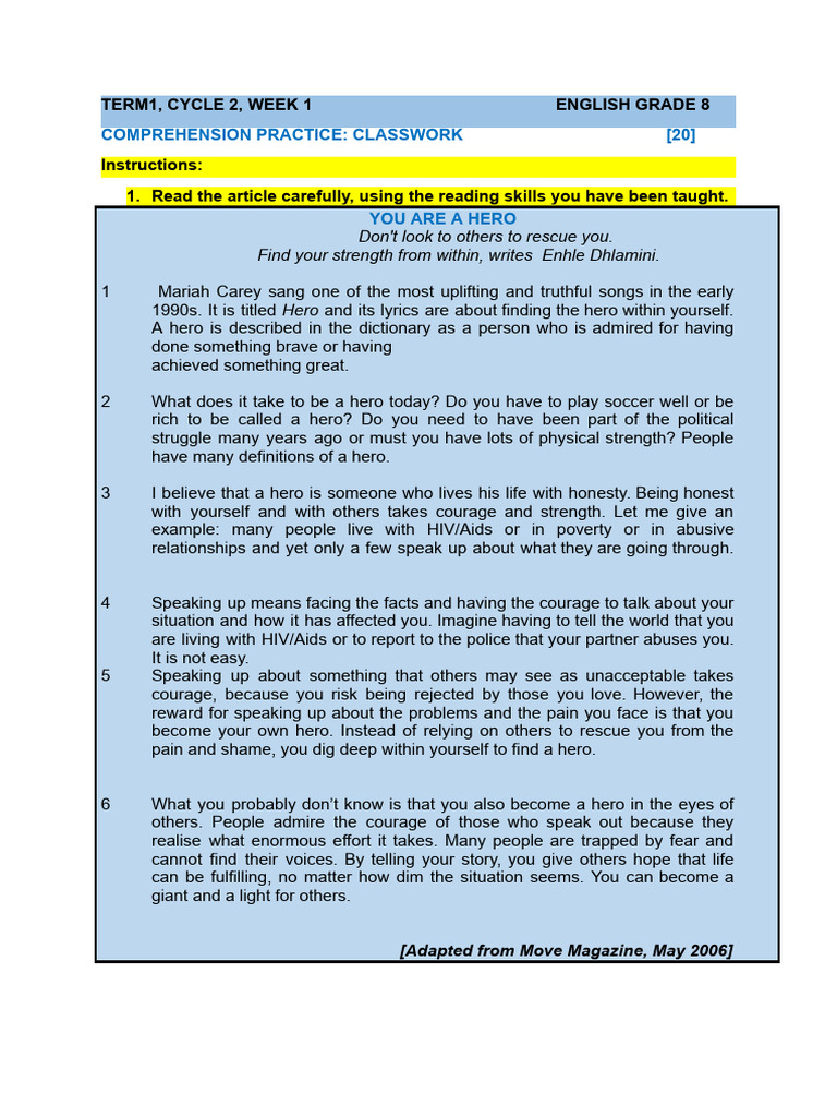 COMPREHENSION PRACTICE Grade 8 | PDF | Hero | Courage